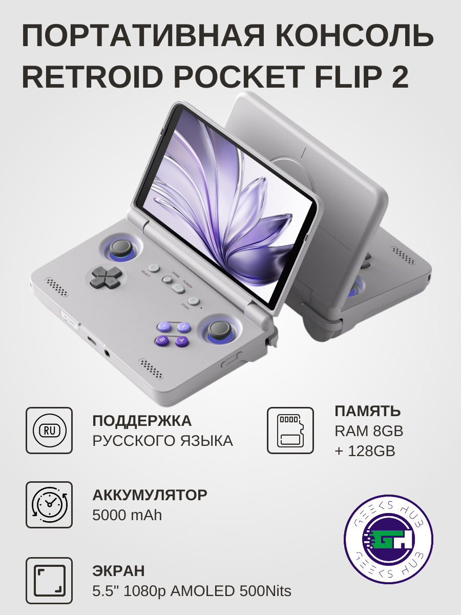 Портативная игровая консоль Retroid Pocket Flip 2, светло-серая