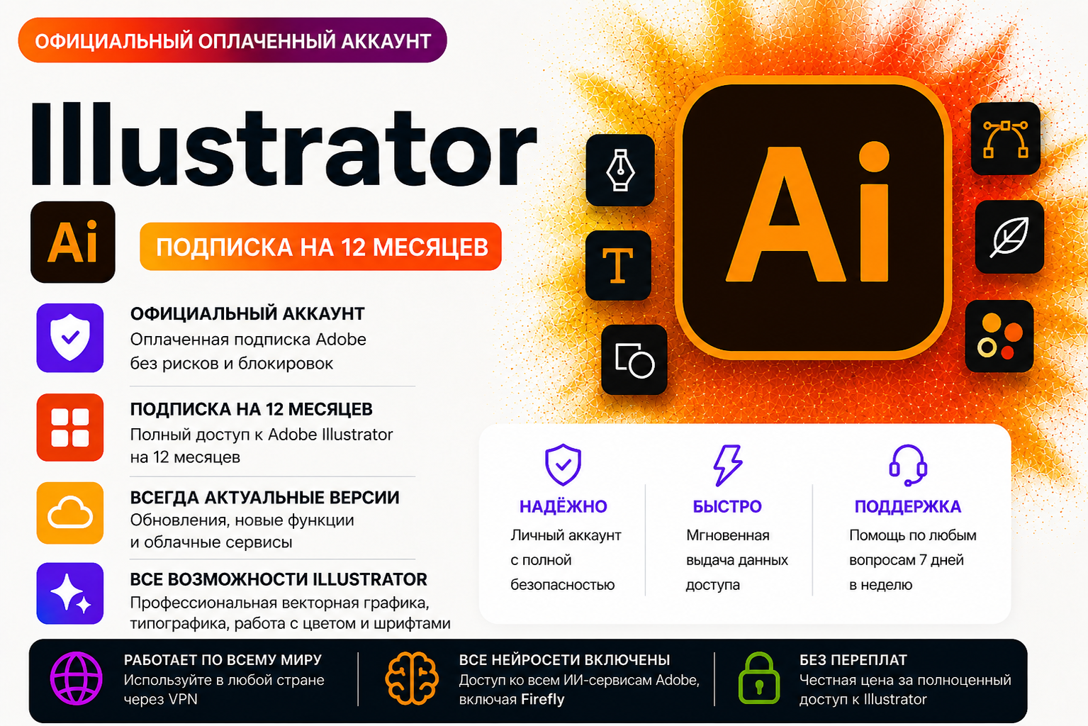 Adobe Illustrator готовый оплаченный аккаунт с подпиской на 12 месяцев, нейросети Nano Banana и др, 4к кредитов