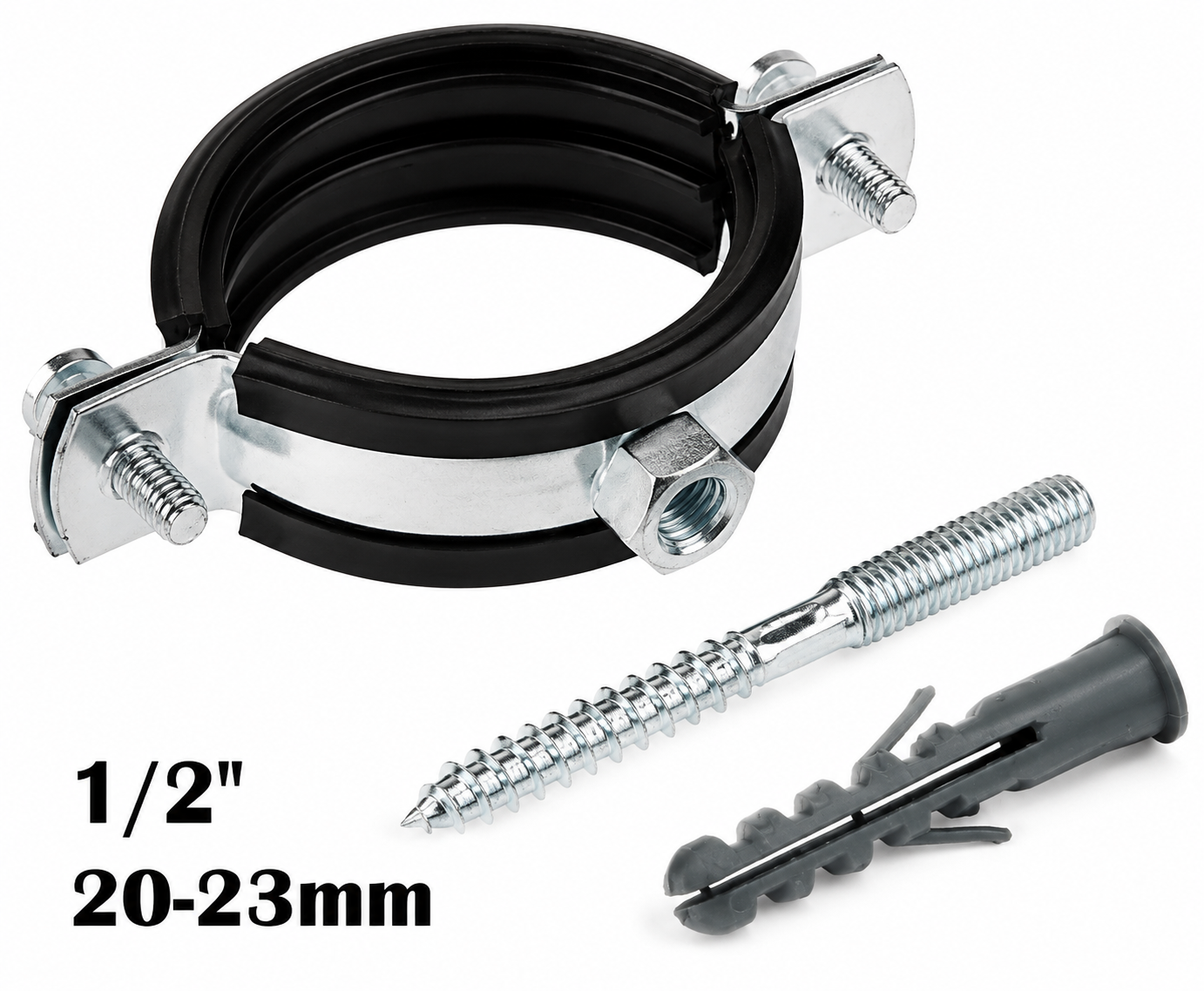 Хомут сантехнический 1/2" (20-23) М8 оцинкованный, с резиновым уплотнителем, шурупом и дюбелем