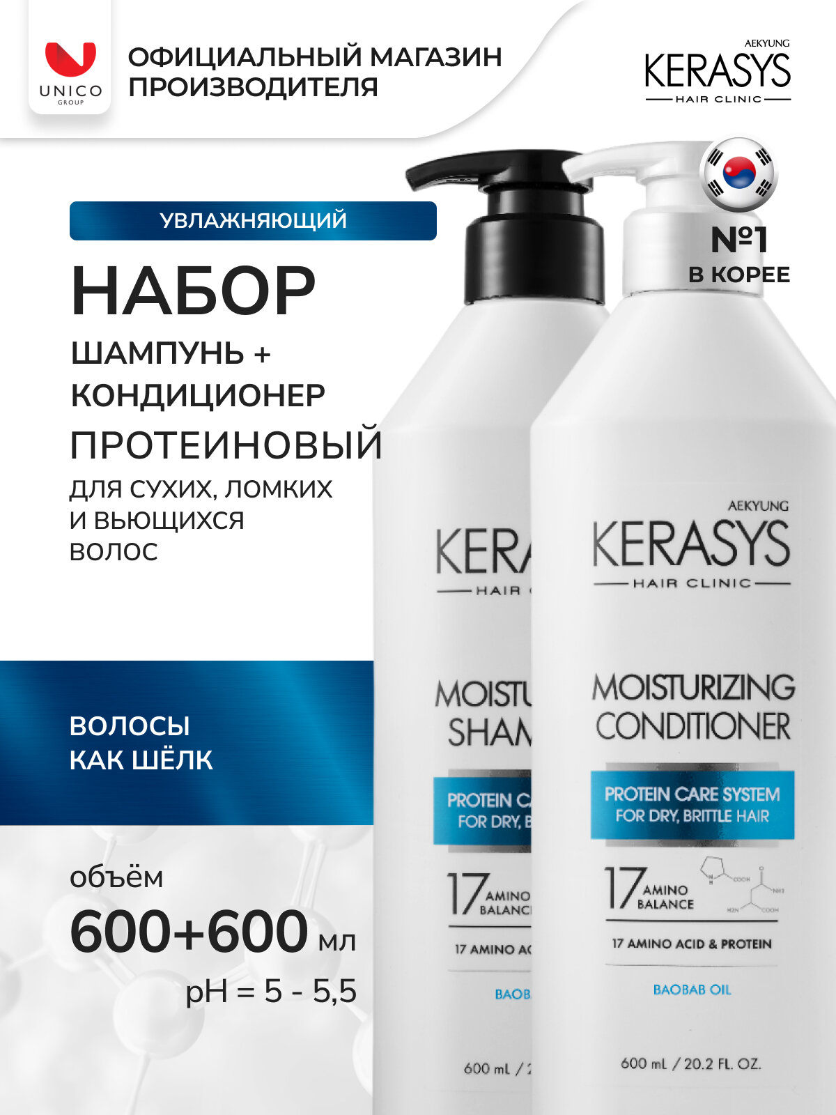 Kerasys Набор шампунь и кондиционер для волос Увлажняющий CLINIC 2х600 мл, для кудрявых и вьющихся волос, Корея