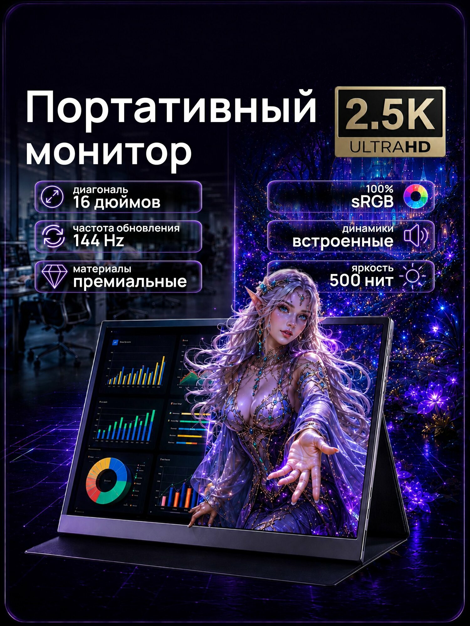 Портативный монитор Rantoper, 16-дюймовый портативный монитор, 144 Hz, IPS, 2560х1600 (2,5К), внешний мобильный экран с мини HDMI Type C, для Windows. Mac, Android, PS5, Xbox