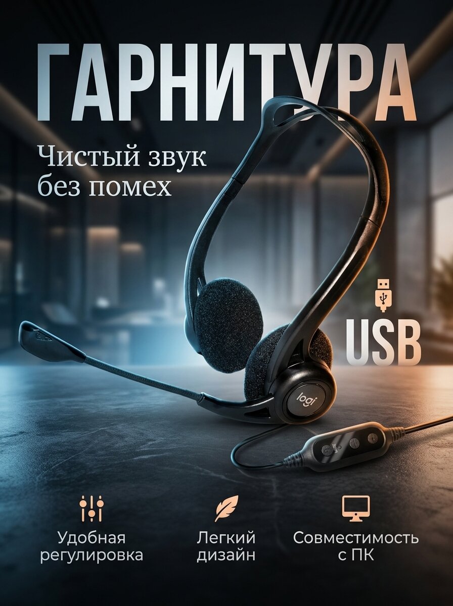 Гарнитура Logitech Headset, USB, для ПК, эргономичный дизайн
