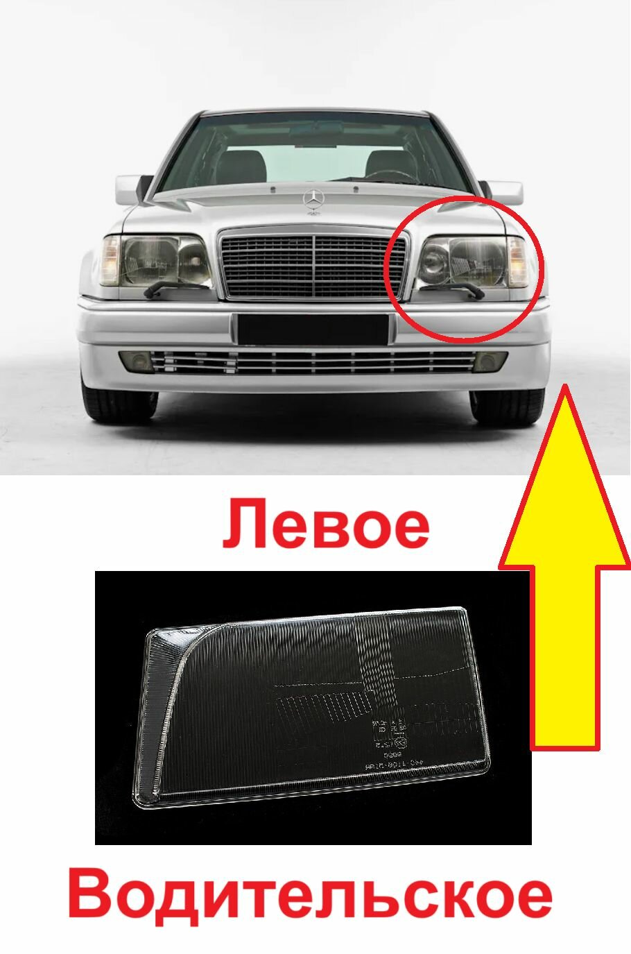 Стекло фары Mercedes W124 1993-1995 левое без рамки, рестайлинг