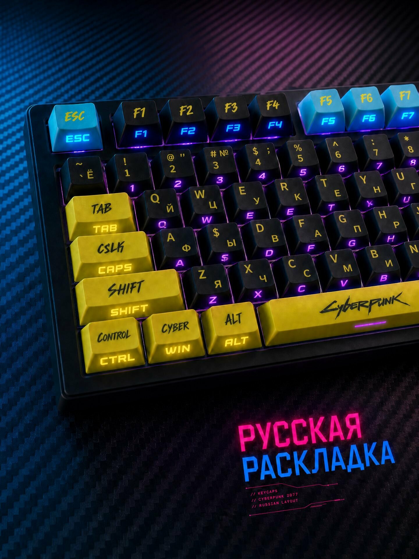 Кейкапы с русской раскладкой для механической клавиатуры: Cyberpunk 2077 Neon Style, 129 клавиш, PBT сублимация, Cherry профиль, аниме-дизайн аниме дизайн неон стиль сублимация PBT киберпанк