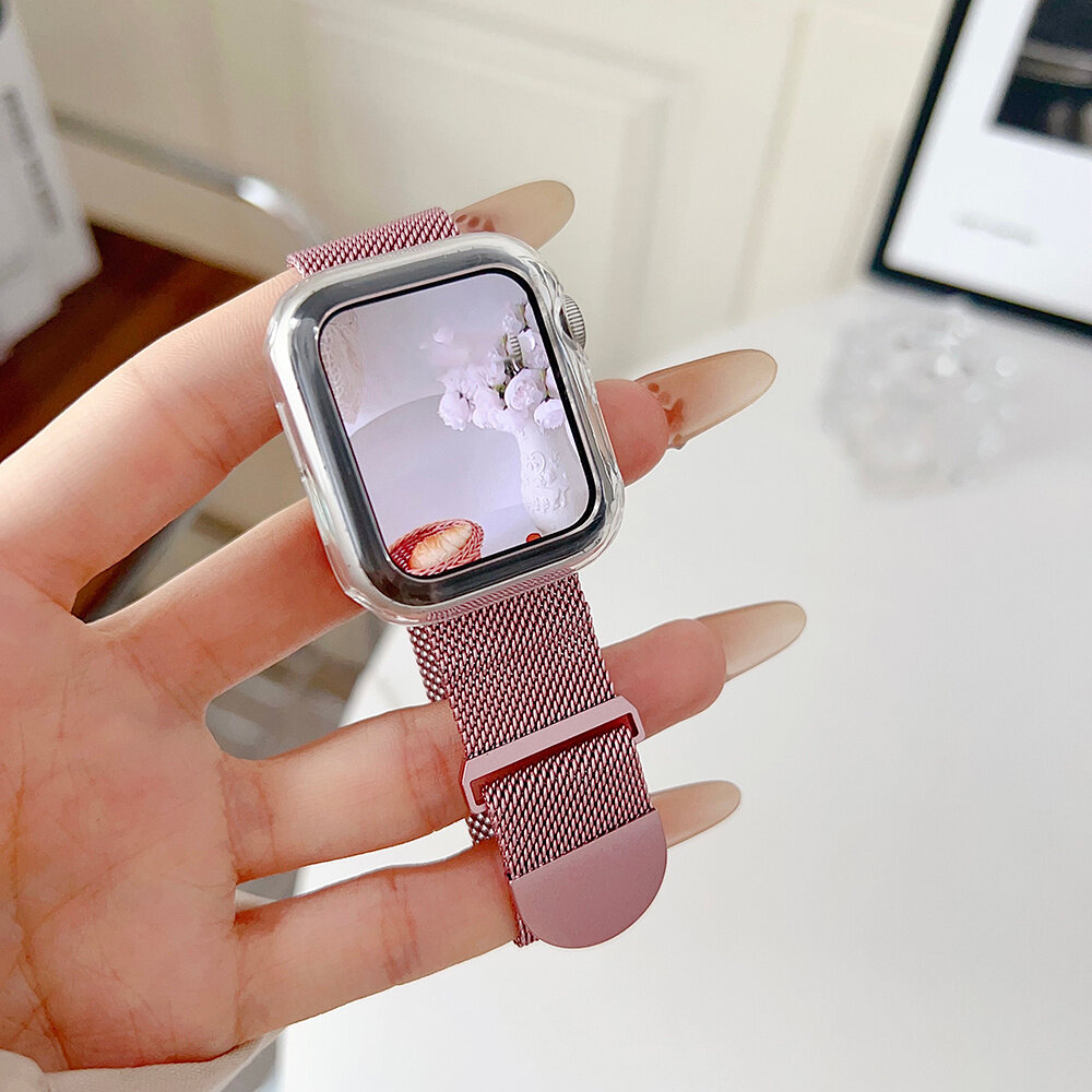 Металлический ремешок с чехлом для Apple Watch 40mm (серии 4/5/6/SE) прозрачный + розовый, без защитного стекла