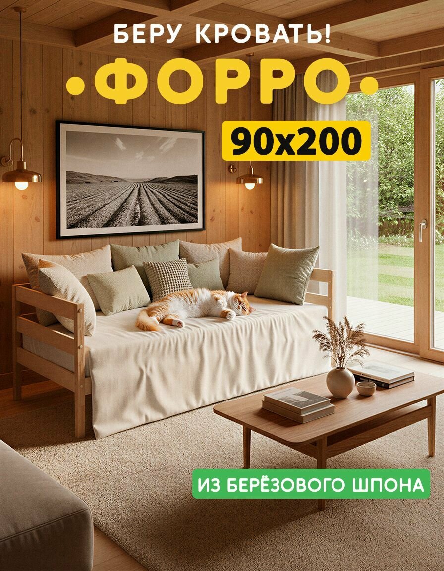 Кровать-тахта односпальная 90х200 Форро, из берёзового шпона, с ортопедическими ламелями