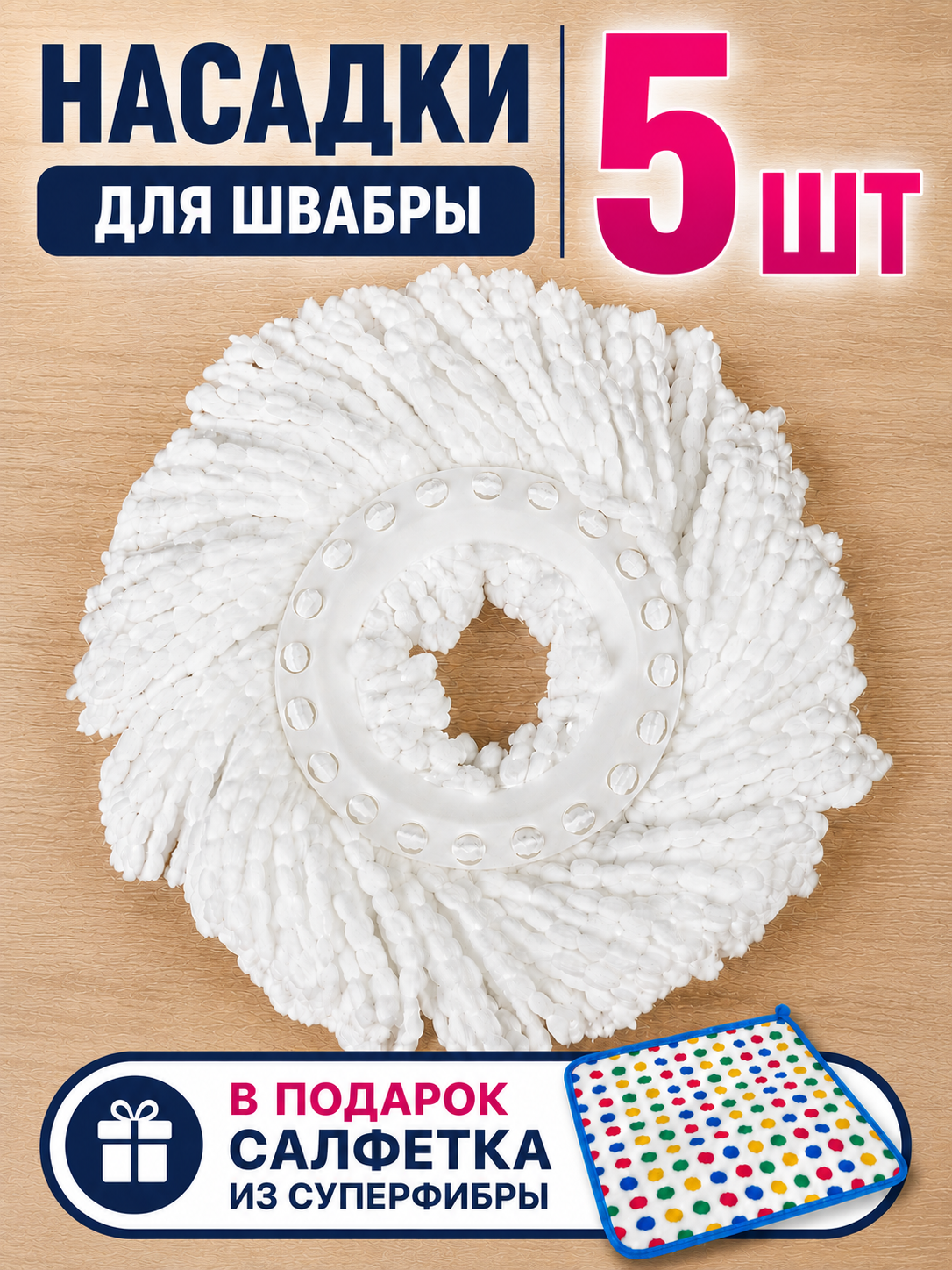 Насадки для швабры Верта, круглая из микрофибры, МОП, Сменные микрофибровые насадки для швабры RUGES (5 шт.)
