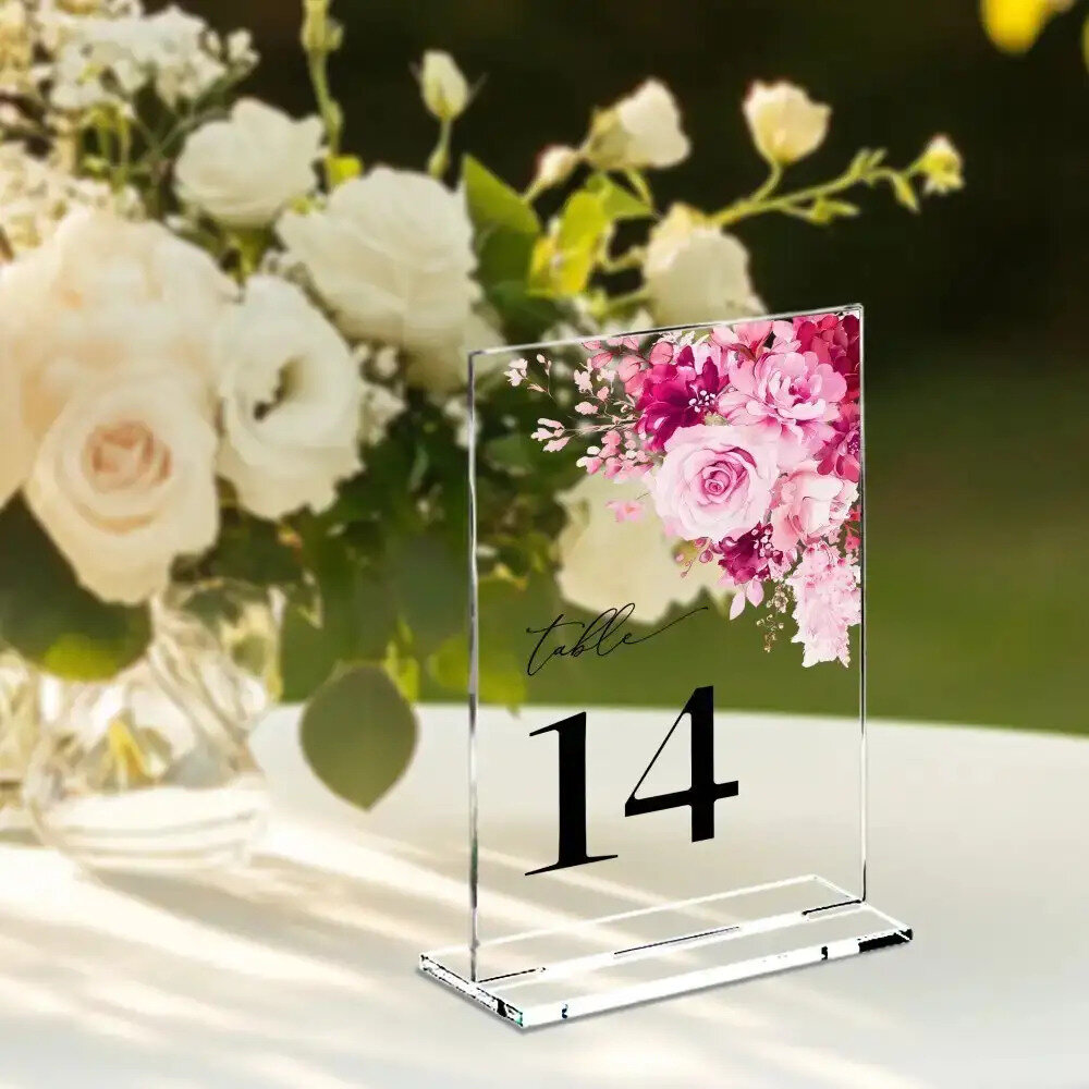 Акриловые номерки для столов на свадьбу 1–20 с floral-дизайном, прозрачные с розовыми розами, декор для стола