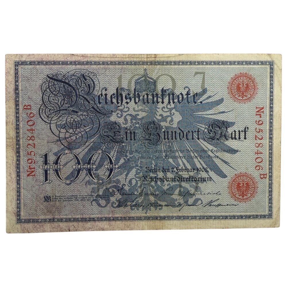 Германская империя (Германия) 100 марок 1908 г. (Красные печати) (Литера J) (Серия B) (29 мм.)
