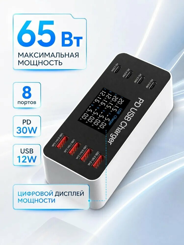 Компактный зарядник с дисплеем A9: 65Вт, 8 разъемов, зарядка телефонов, планшетов, наушников и геймпадов