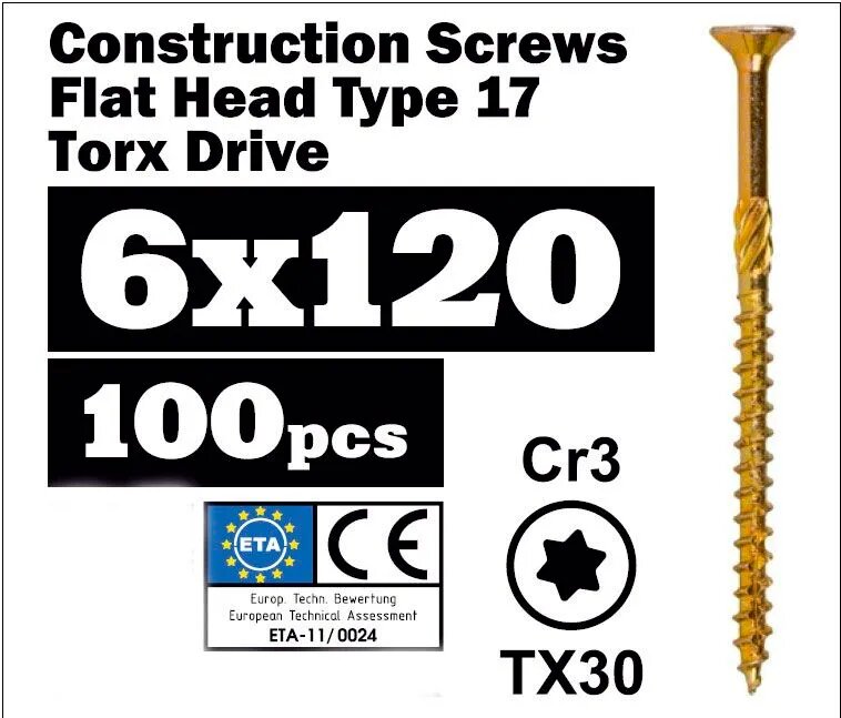 6х120 потай, ( 100 шт) Конструкционный саморез по дереву, TX30, SM