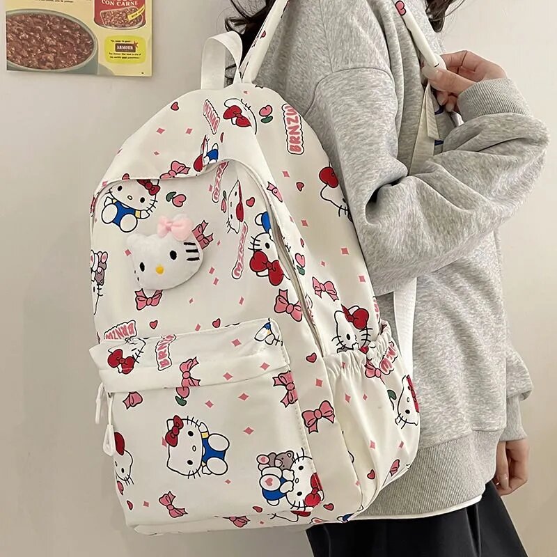 Сумка школьная Hello Kitty, белый с рисунком, для девочек, текстиль, рюкзак