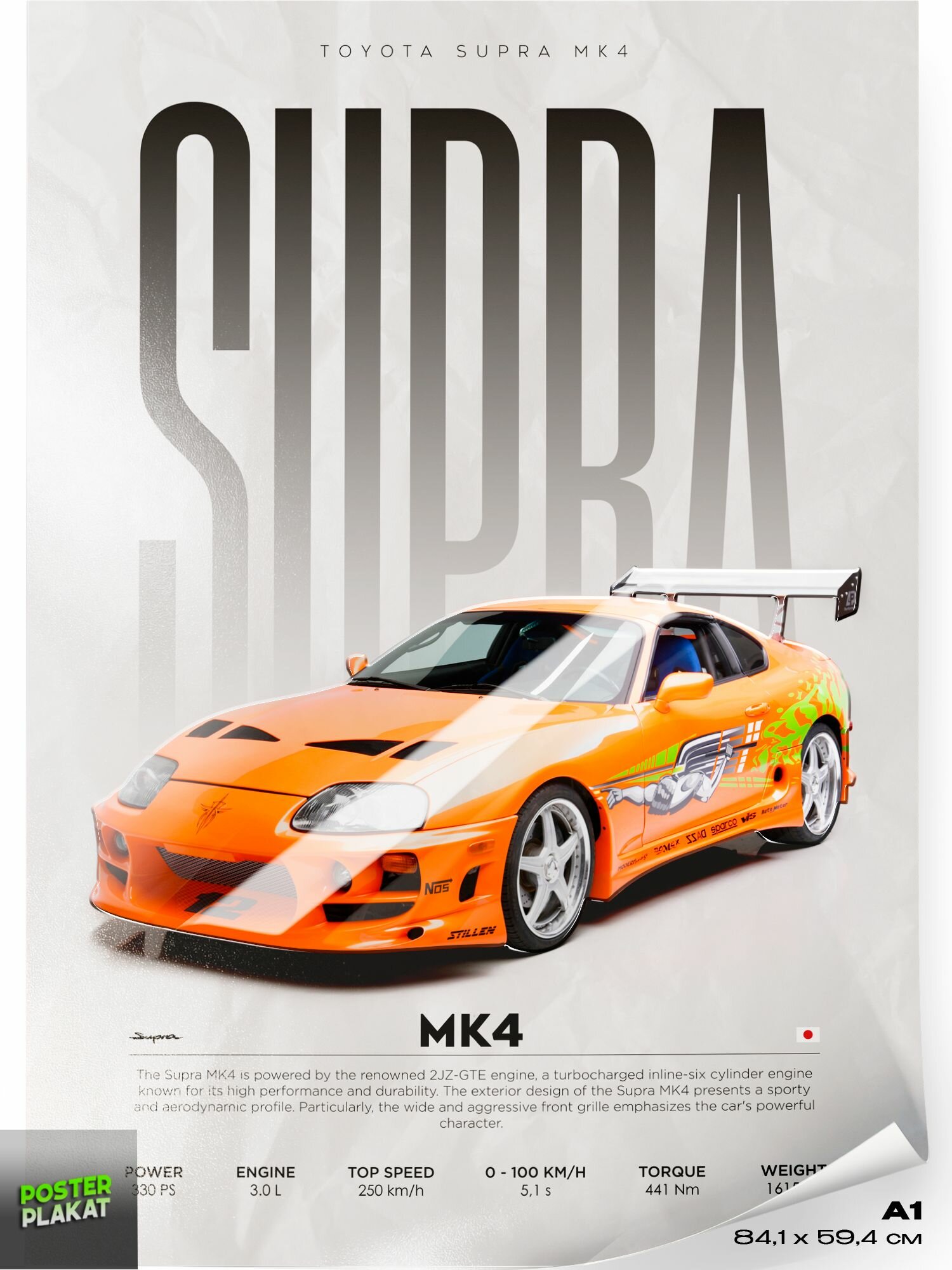Постер на стену с машинами, Toyota Supra MK4, японский авто Тойота Супра, для интерьера, А1 (85 х 60 см), Постер Плакат