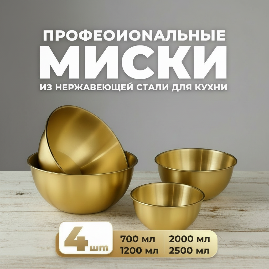 Миски Shiny Kitchen из нержавейки золотой цвет 4 штуки объем 2 5 л