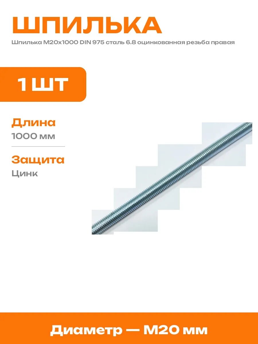 Метрическая шпилька М20 1 метр сталь оцинкованная DIN 975