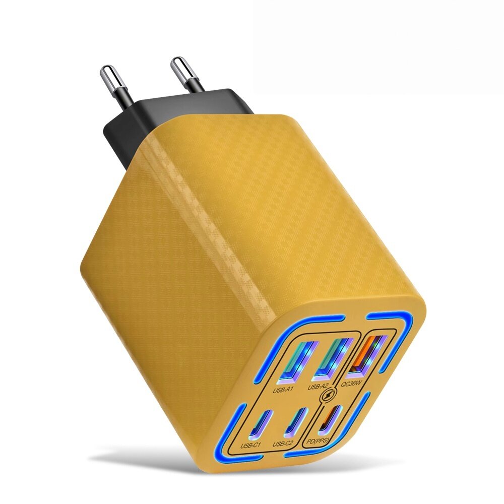 Зарядное устройство USB 50W 6 портов PD 3.0, 3 USB-C + 3 USB-A, компактное, для путешествий, европейская вилка, желтый, модель BK320-3A3C-EU