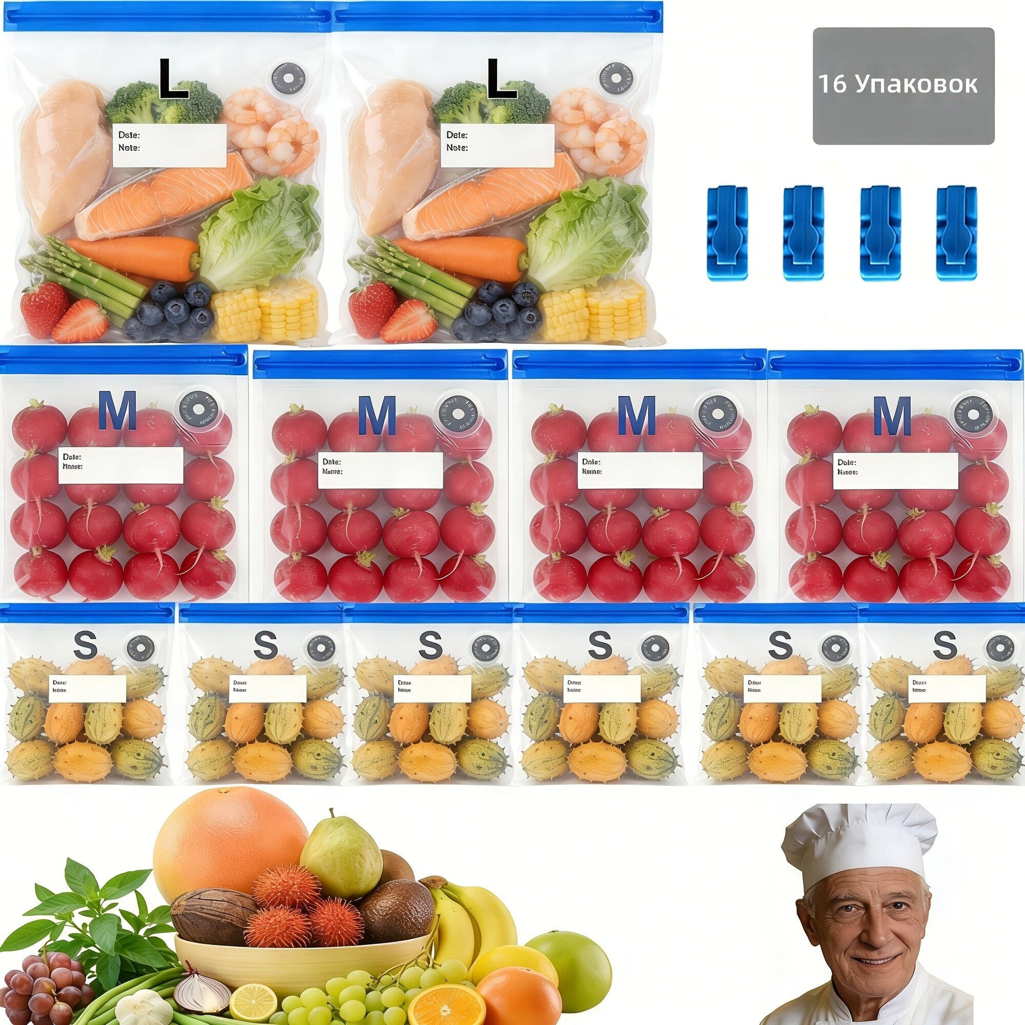 Набор вакуумных пакетов для су-вид и хранения продуктов, многоразовые, 16 шт (12 пакетов + 4 зажима), подходят для мяса, рыбы, овощей и маринования