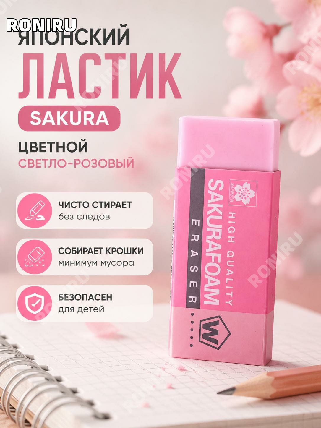 Ластик Sakura цветной резиновый для школы и рисования, светло-розовый,20 г