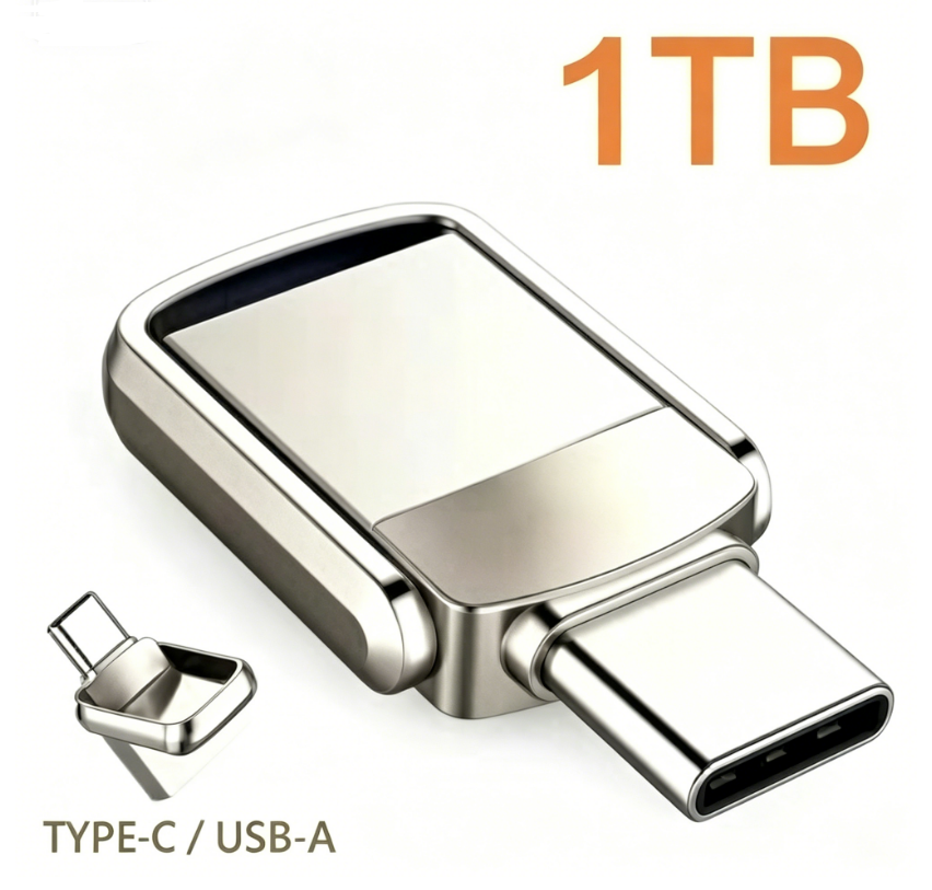 Флеш-накопитель USB OTG 2в1 Type-C + USB-A, 2 ТБ, металлический корпус, скорость до 100 МБ/с, серебристый, для телефона и ПК