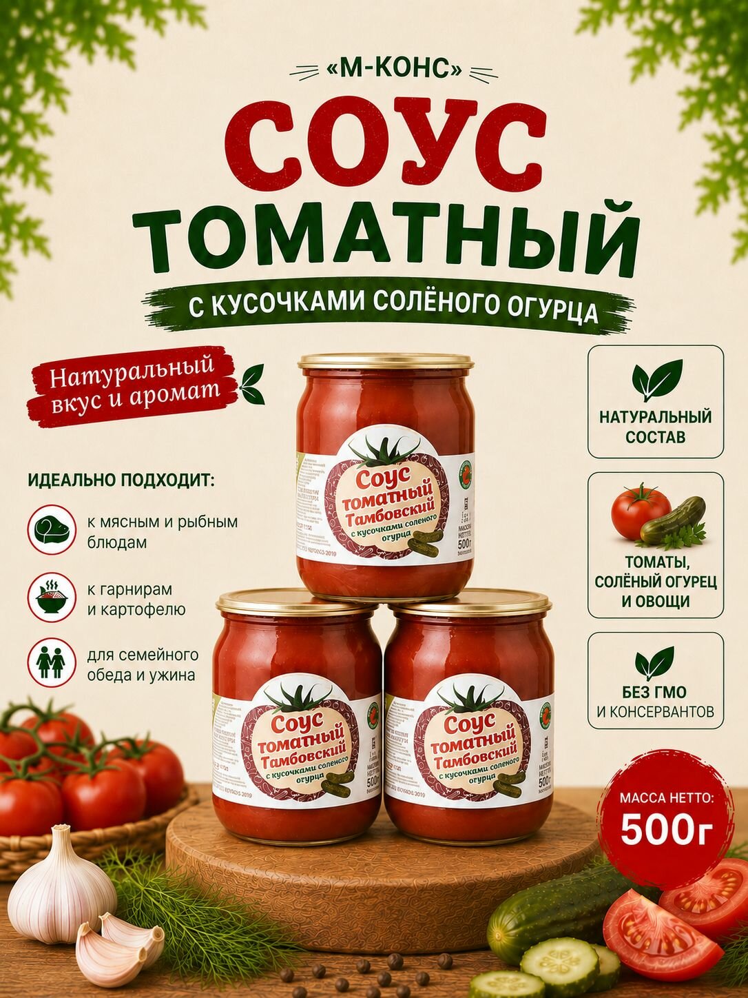 Соус томатный Тамбовский с кусочками соленого огурца, 3 шт. по 500 г