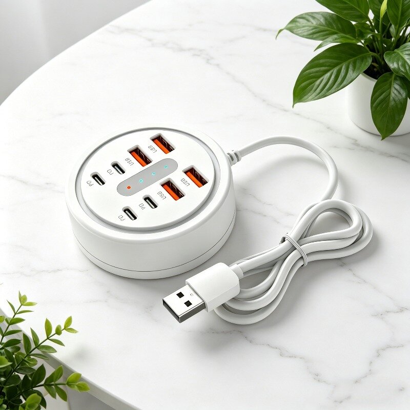 8-портовое зарядное устройство 66W PD с 4 USB-A и 4 Type-C, круглая компактная настольная зарядная станция для дома и офиса