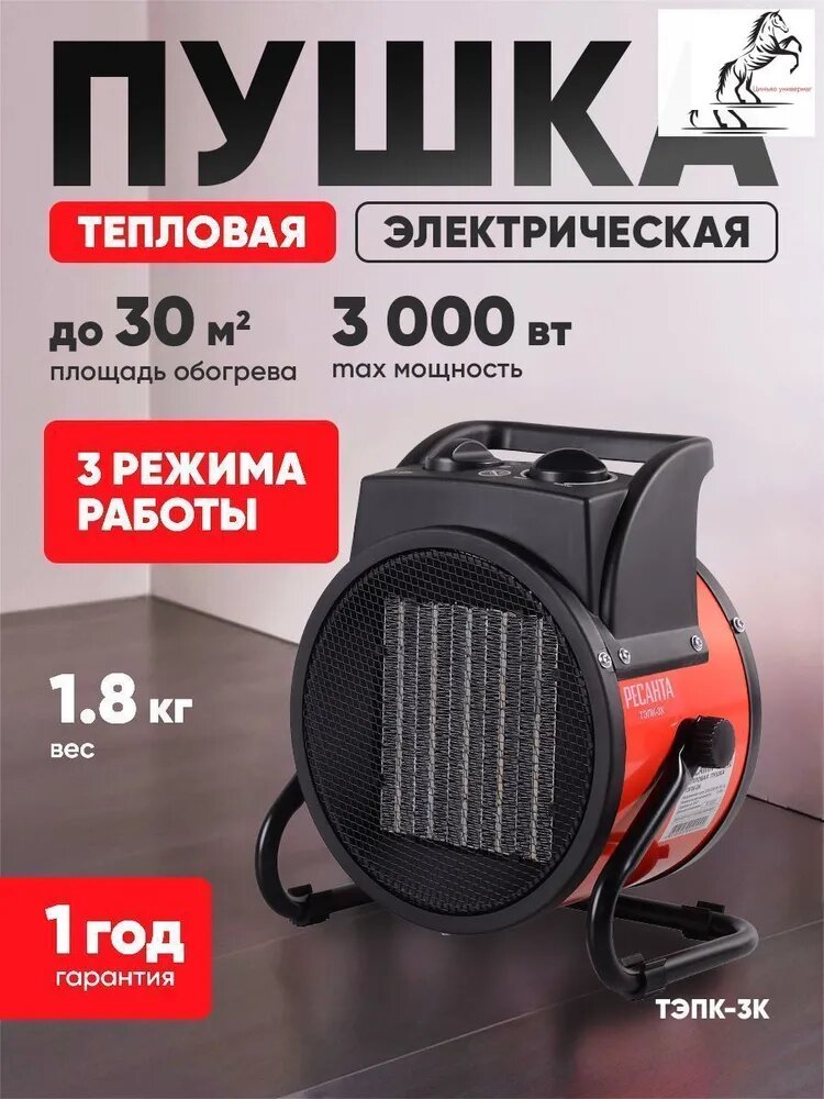 Тепловая пушка электрическая Ресанта ТЭПК-3K с керамическим нагревательным элементом. Обогреватель, тепловентилятор для дома