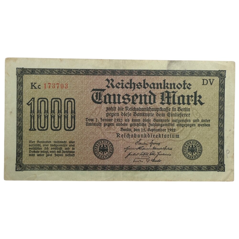 Веймарская республика (Германия) 1000 марок 1922 г. (ВЗ - Волны, J) (Литера DV) (Серия Kc)