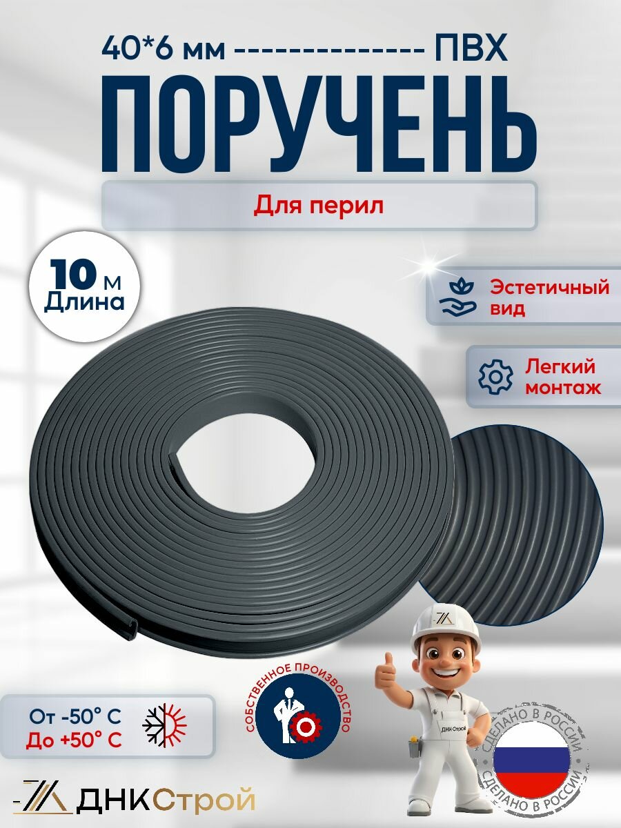 Поручень ПВХ для перил, ленточный поручень ПВХ 40х6мм, темно-серый, длина 10м.