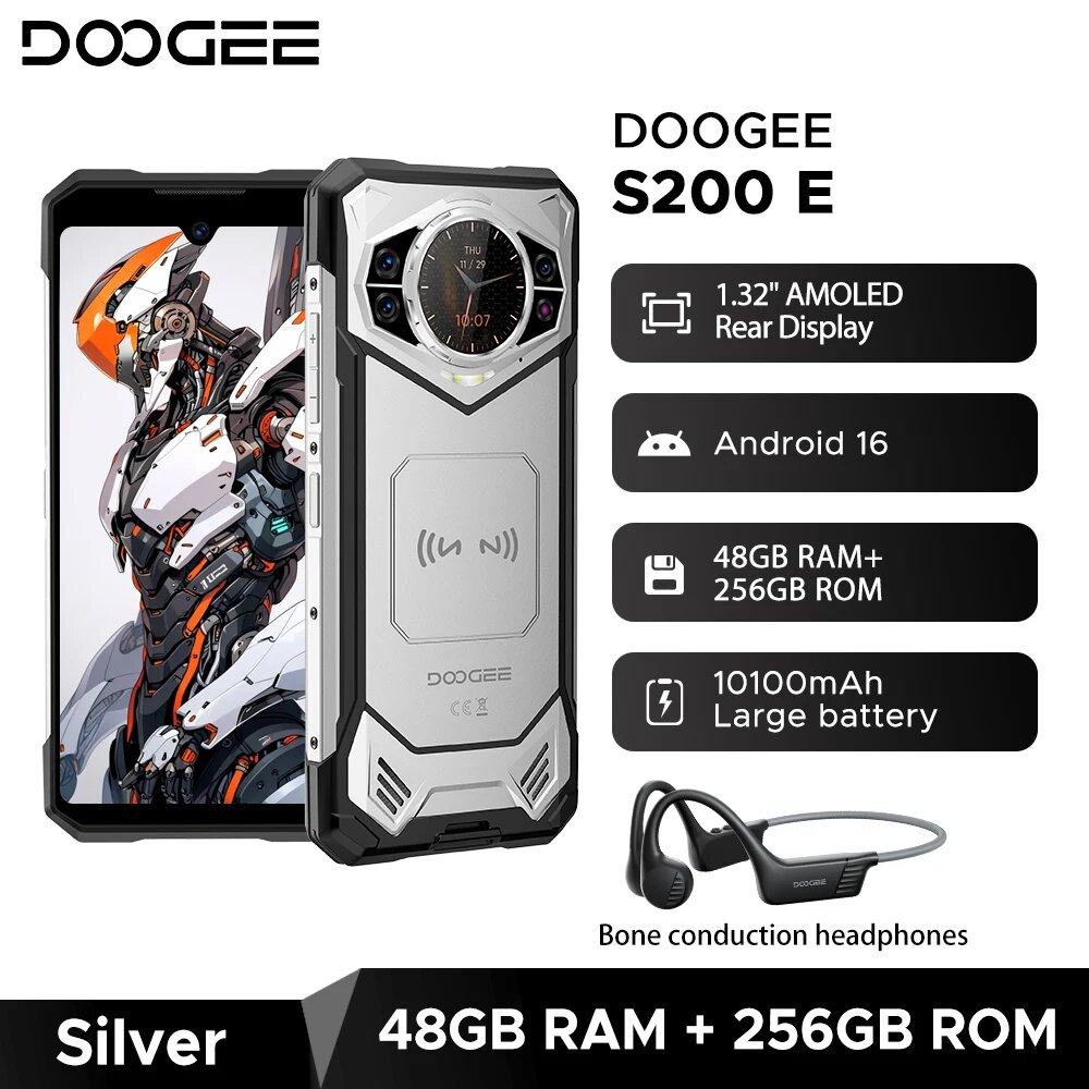 DOOGEE S200E 5G, 48+256 ГБ, Android 16, 10100 мАч, Серебряный