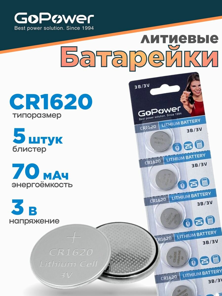 Батарейки GoPower CR1620 литиевые 3V - 5шт.