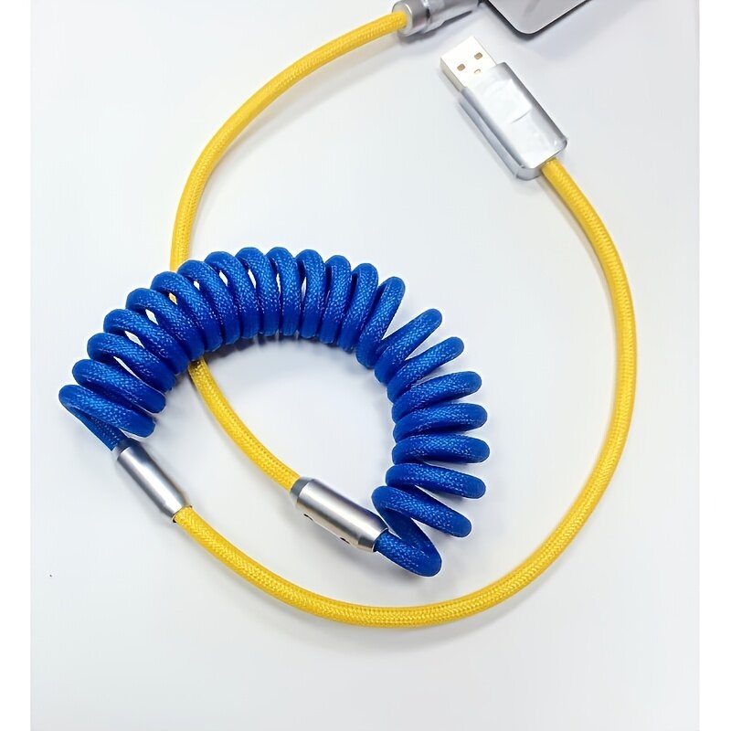 Пружинный кабель USB-C с регулировкой длины, круглое сечение, корпус из цинкового сплава, нейлоновая оплетка, матовое покрытие, двусторонний разъем, передача данных и зарядка 120 Вт, для планшетов и использования на улице, цвет: темно-синий