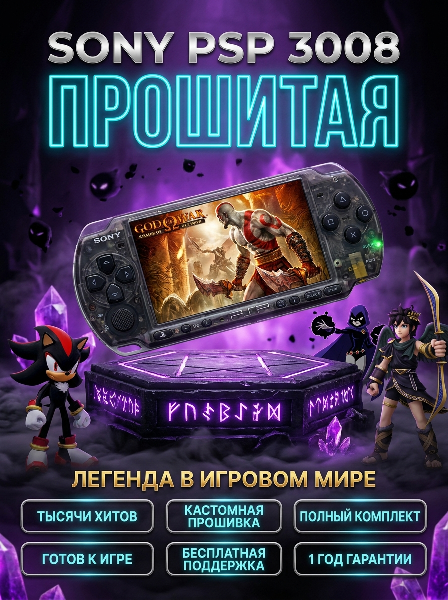 Новая игровая консоль Sony PSP 3008 Slim Прозрачно-черный 64Gb 3020 ИГР