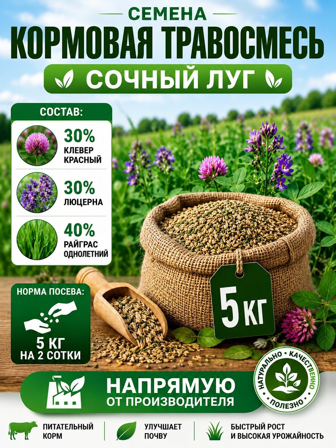 Семена Сочный луг для посева 5 кг. Клевер красный, люцерна, райграс однолетний