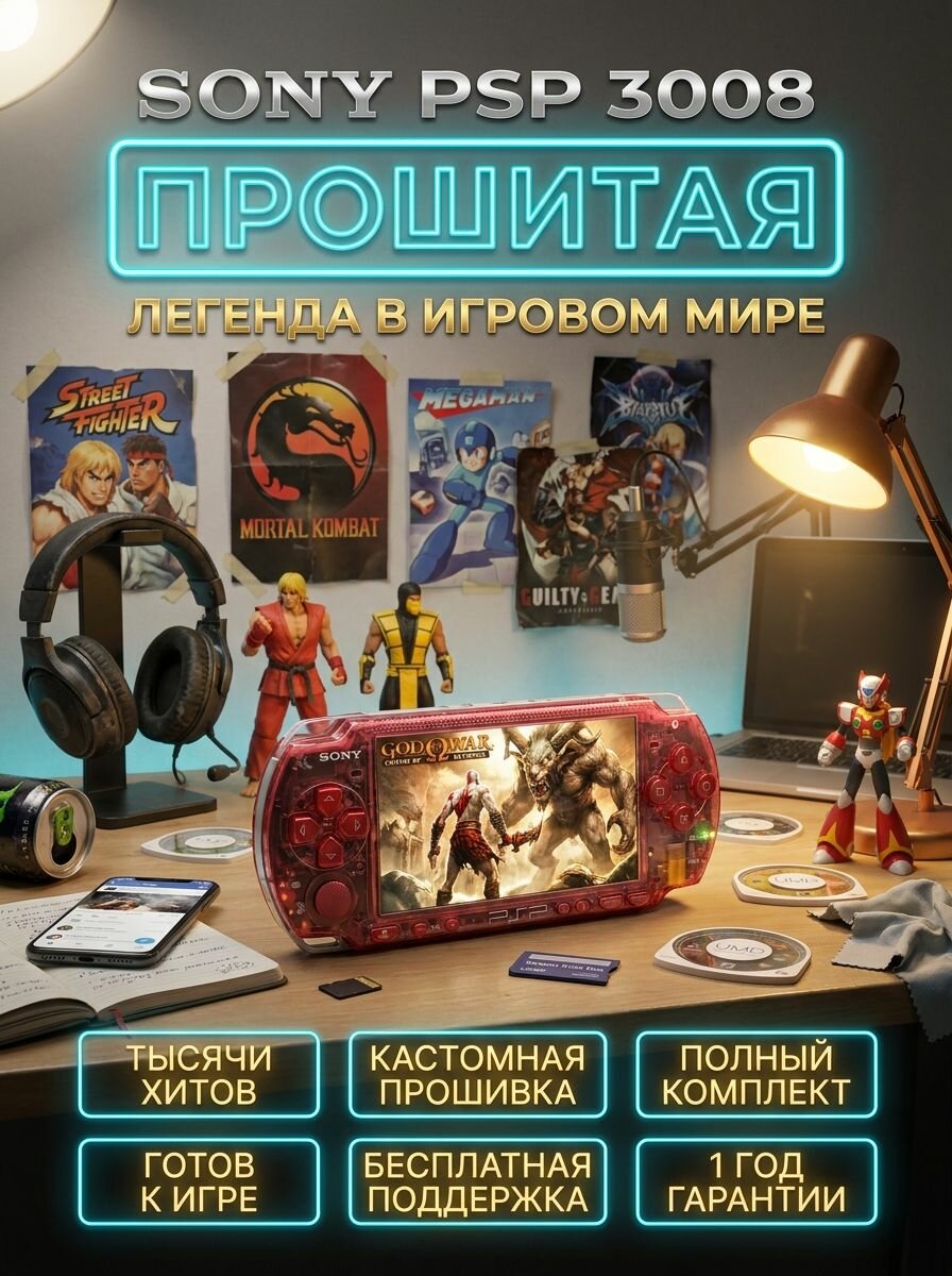 Новая игровая консоль Sony PSP 3008 Slim Transparent Red 64Gb 3020 ИГР