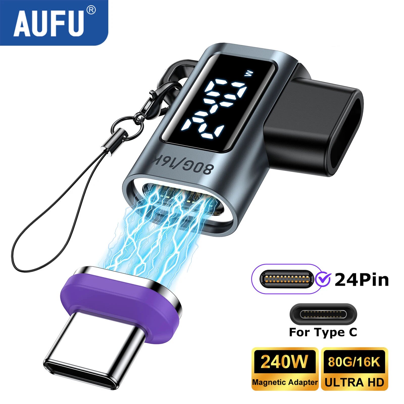 Магнитный адаптер AUFU 24PIN USB C, 240 Вт, USB C на Type C, OTG-разъем, 24pin Adapter type-c