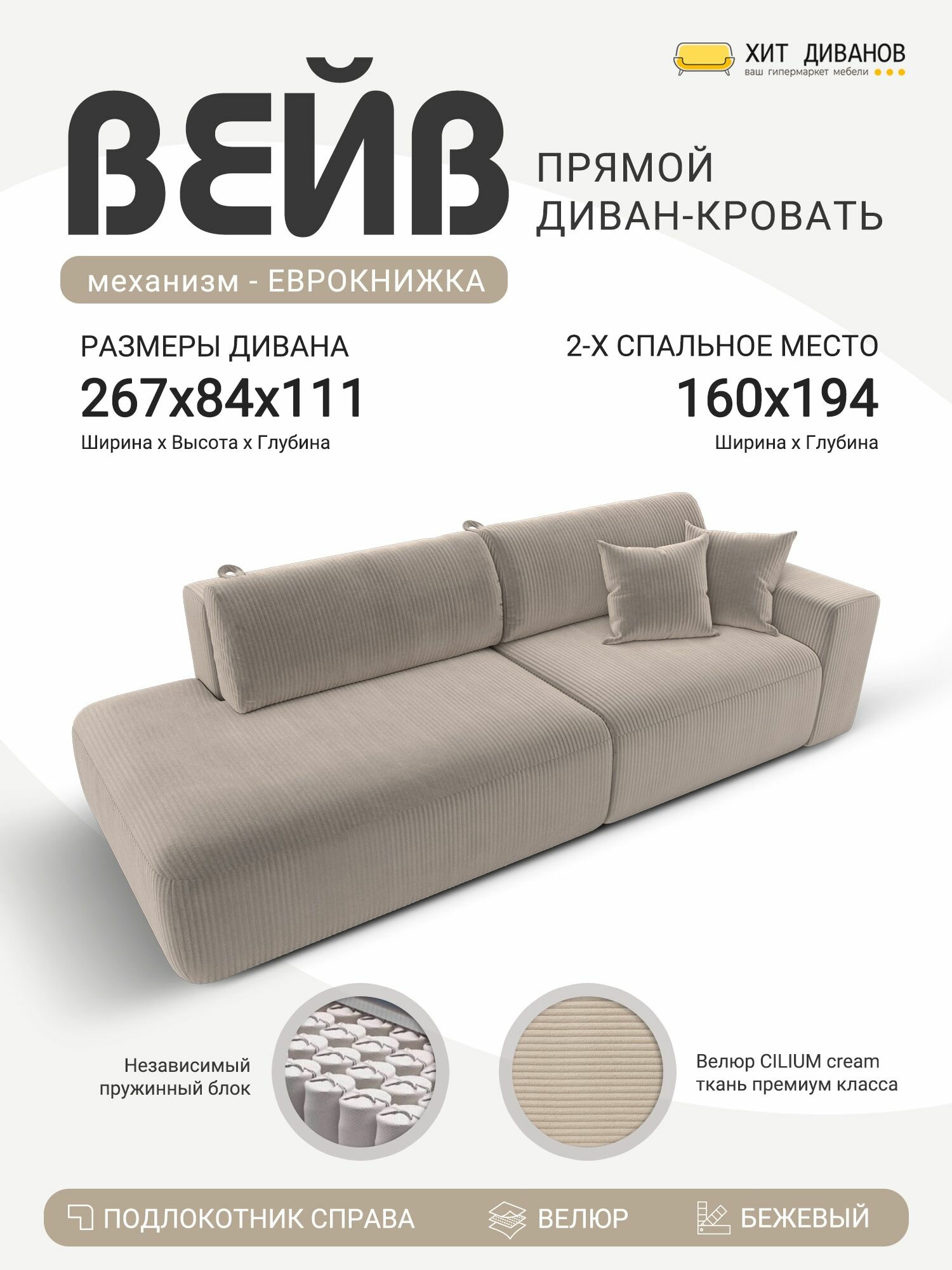 Диван прямой Лига-036 Велюр CILIUM CREAM (Вейв) НПБ Модерн Премиум правый угол