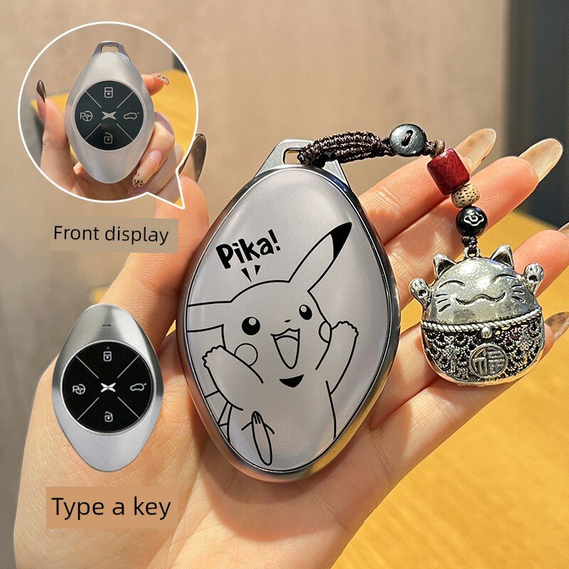 Совместимый с Xpeng G9/P7/P7i/G6/P5/Mona M03 ключевой брелок Premium Gray Pikachu с ретро-пендантами-счастливым котом