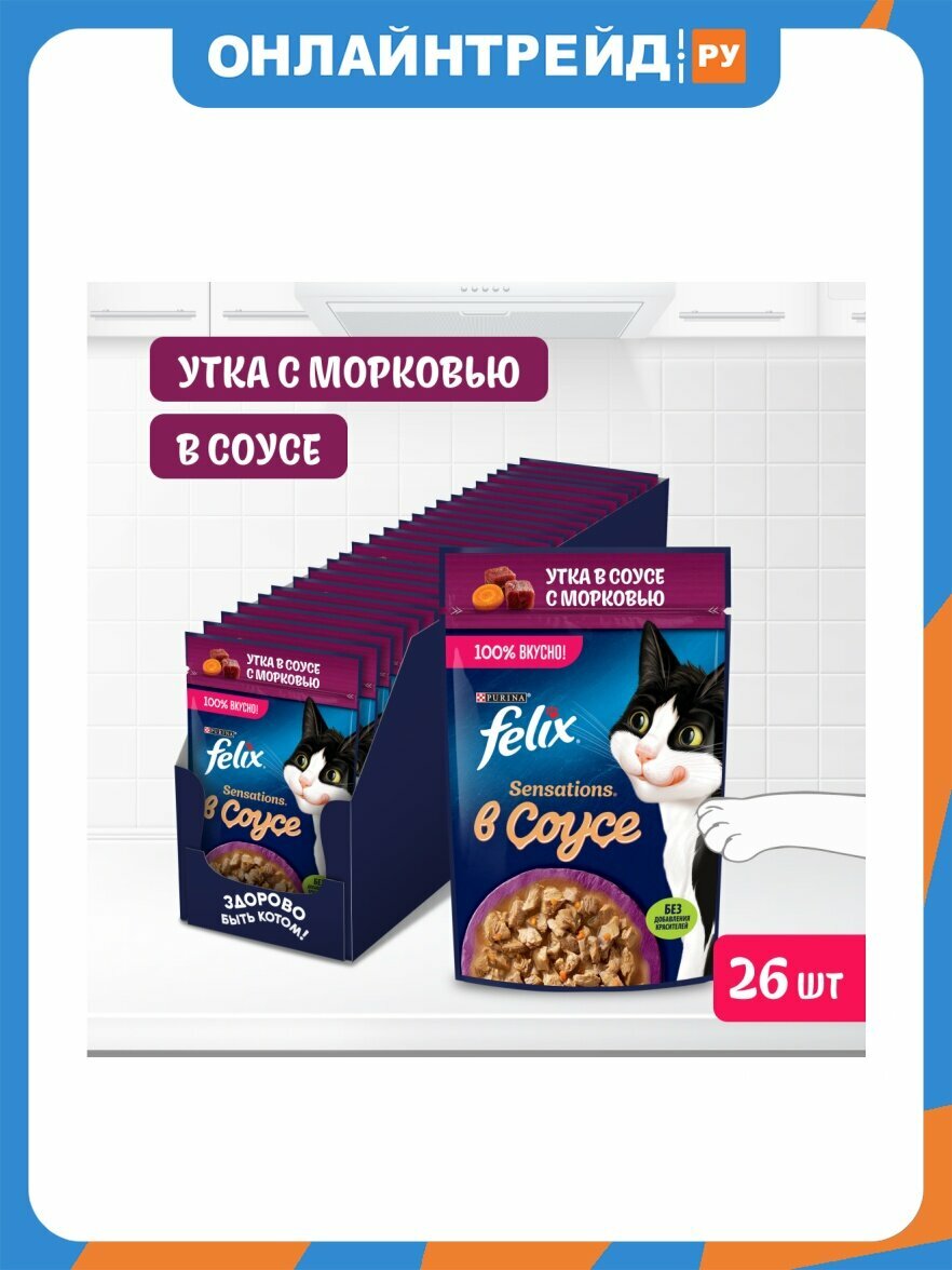 Влажный корм для взрослых кошек Felix Sensations утка в соусе с морковью 75г x 26шт