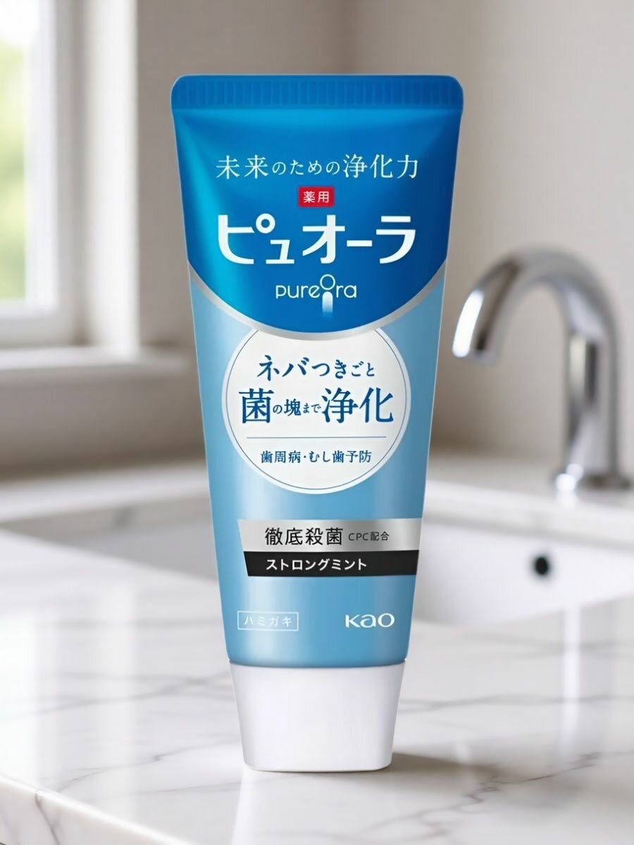 KAO Medicinal PureOra Clean Mint - Зубная паста комплексного действия, с отбеливающим эффектом, с освежающим вкусом охлаждающей мяты 115 гр. Япония.