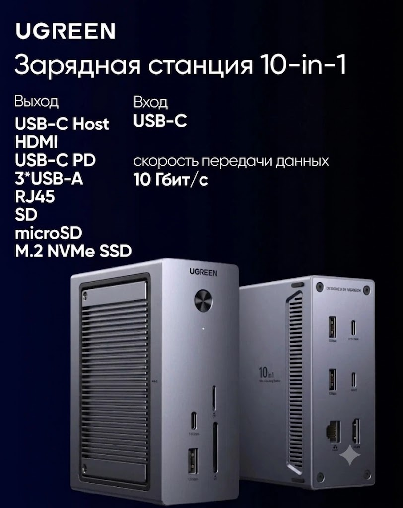 Зарядная станция UGREEN CM923 (55735) 10-in-1 Docking Station. Цвет: серый