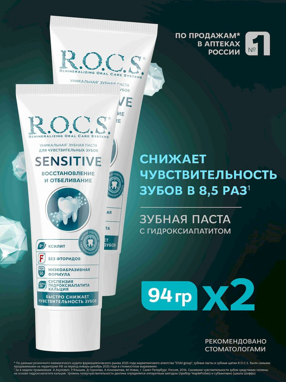 Зубная паста R.O.C.S.SENSITIVE восстановление И отбеливание 94 г, 2 шт