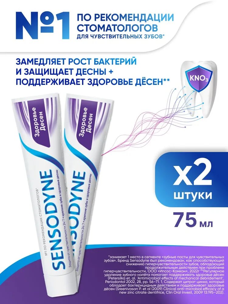 Зубная паста Sensodyne Здоровье Десен, 75 мл 2 шт Для чувствительных зубов и десен, с фтором