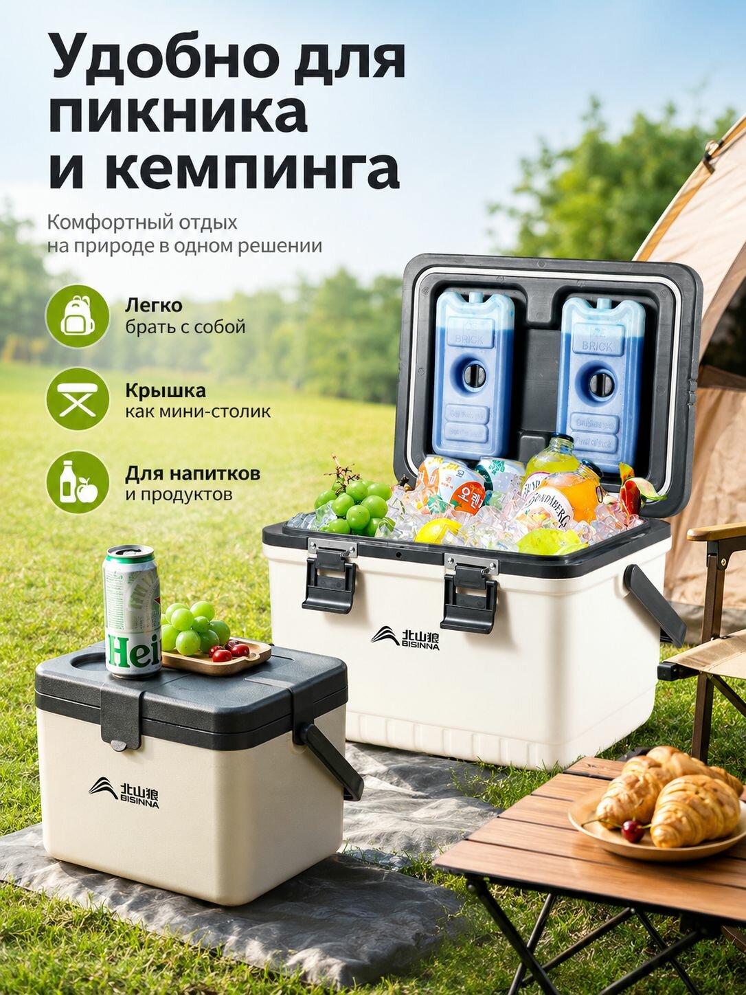 Термобокс 13,5 л для кемпинга и авто, переносной холодильный контейнер, с хладоэлементами для путешествий для пикника