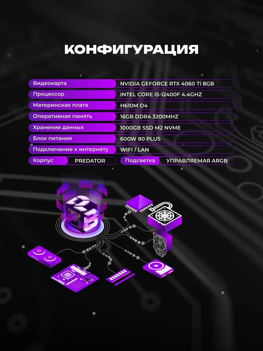 Системный блок мощный ПК, NVIDIA GeForce RTX 4060 TI, Intel Core i5-12400F, DDR4 16 ГБ, SSD 1 ТБ — фото 1