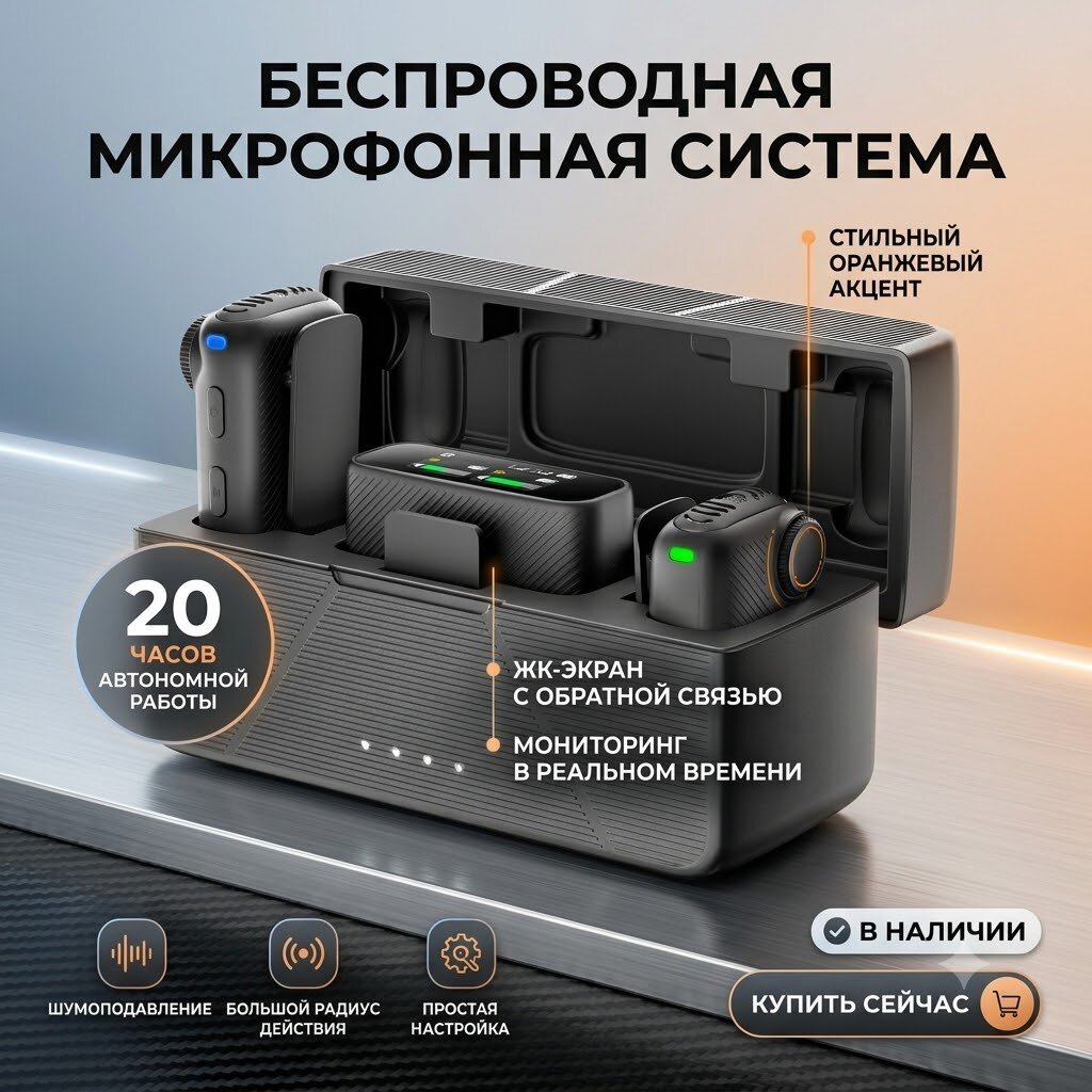 Беспроводной микрофон S20, шумоподавление, до 250м, 48кГц, 24бит