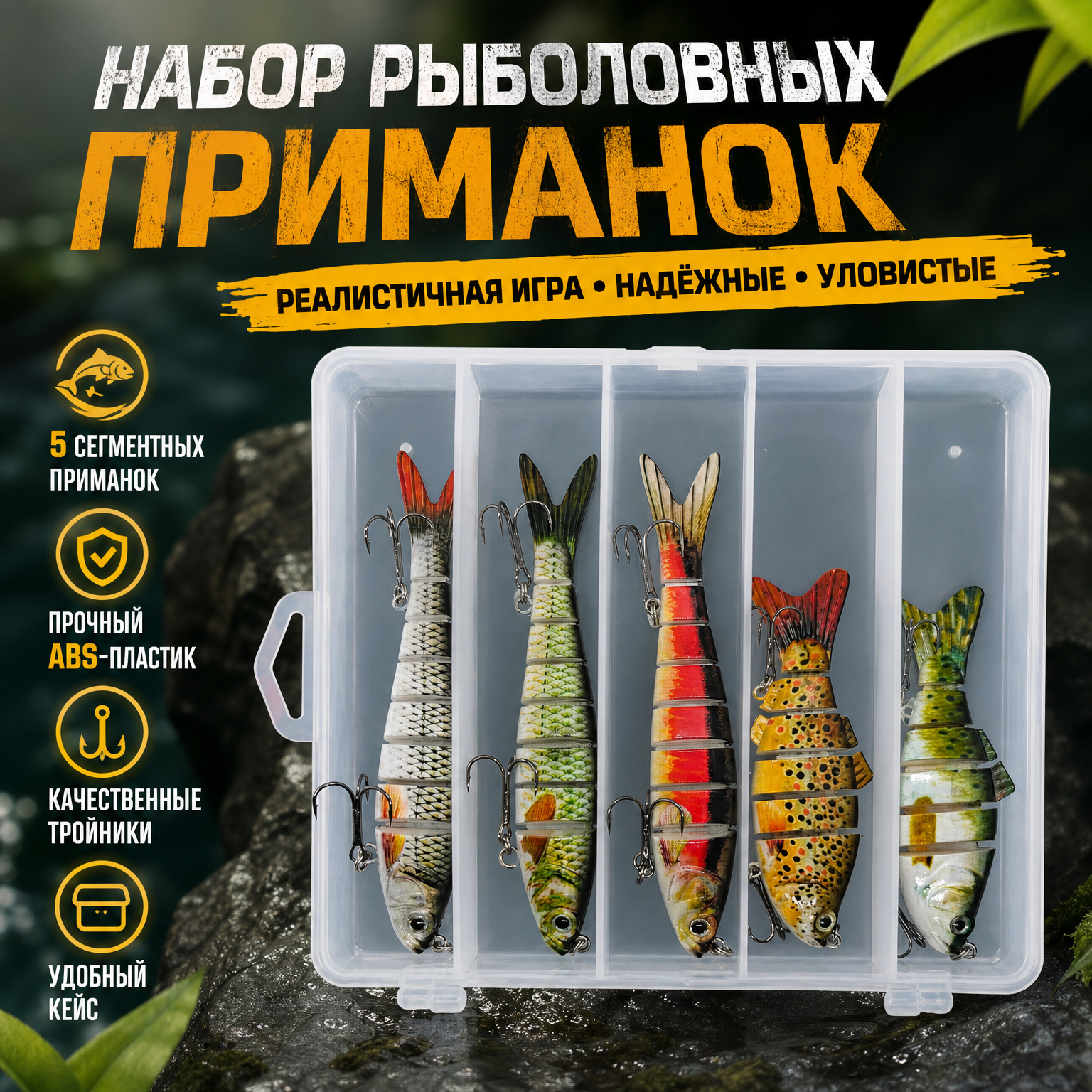 Набор 5-сегментных воблеров-приманок на щуку хищника, прочный ABS-пластик, качественные тройники, в удобном кейсе, суспендер свимбейт 13,5 см, 26,5г (Цвет товара: M26; Длина: 135 мм)