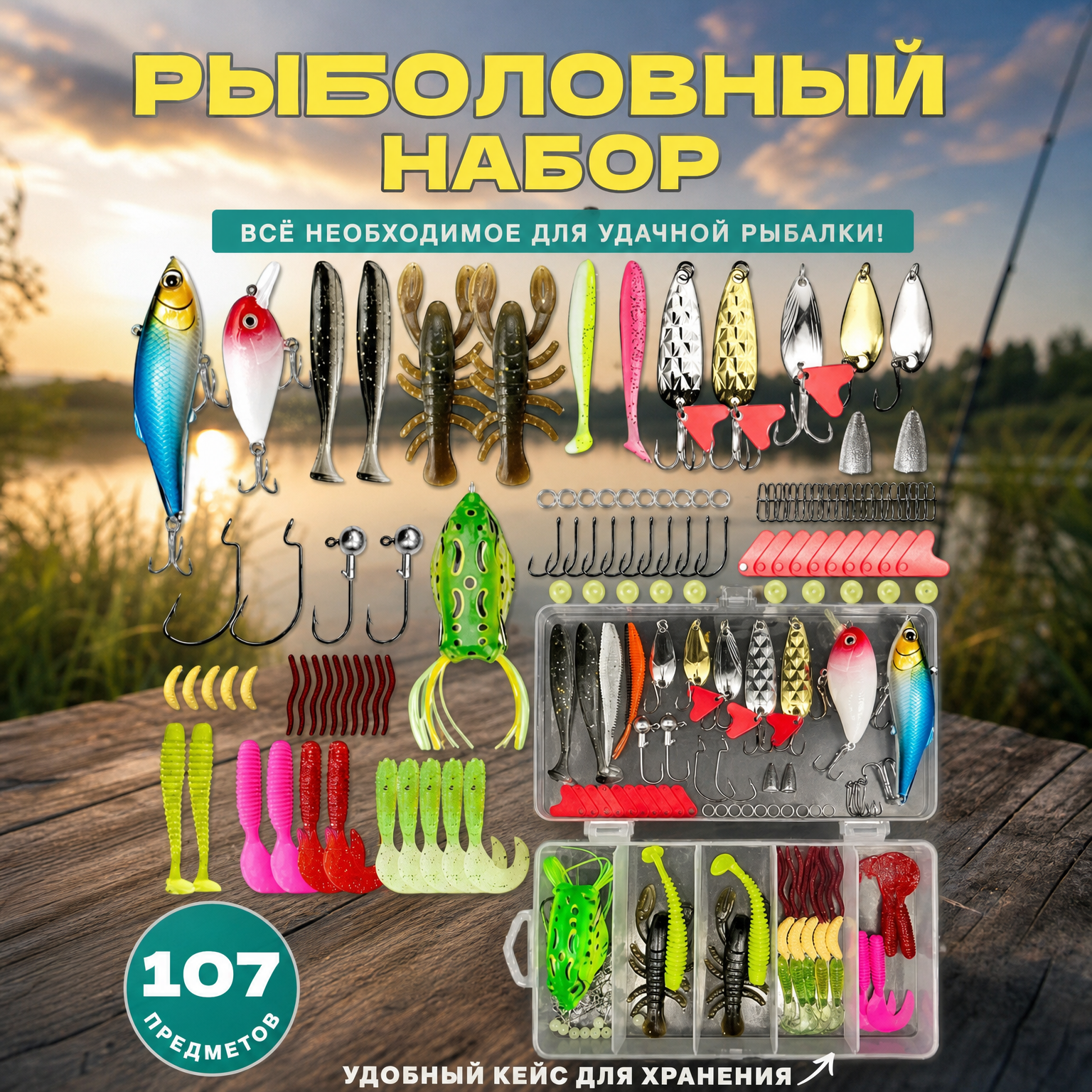 Набор рыболовных приманок 108 предметов, рыбацкий набор воблеры, мягкие приманки, блесна, крючки, свинцовые грузила (Длина: 0.16 м; Цвет товара: зеленый, желтый, голубой, розовый; Комплектация: Полный набор рыболовных приманок - 108 предметов)