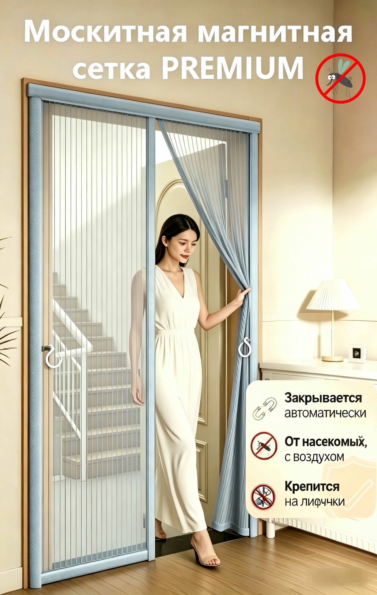 Усиленная антимоскитная штора на магнитах без сверления, автоматически закрывающаяся