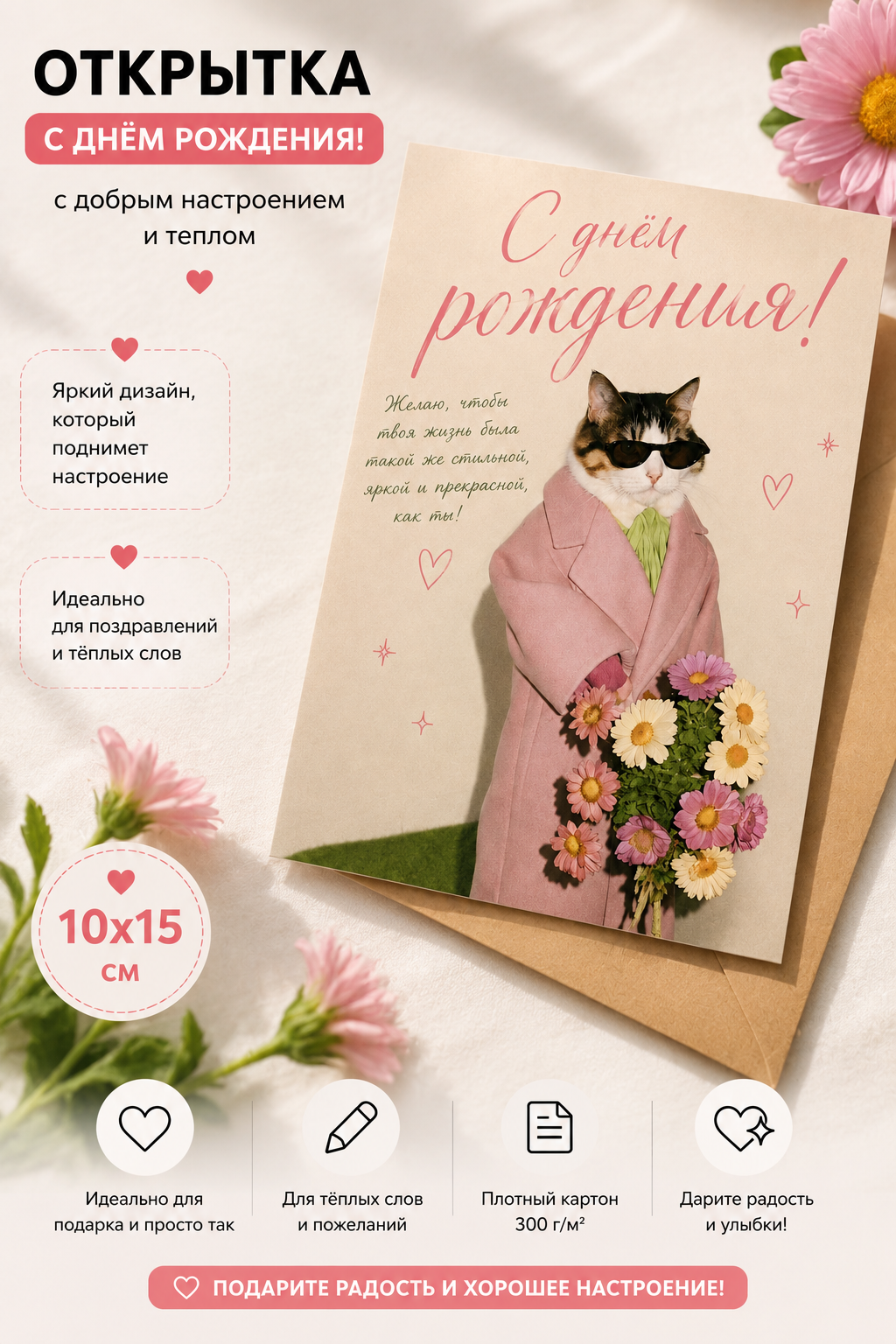 Открытка с днем рождения, размером 10*15см, с конвертом в наборе