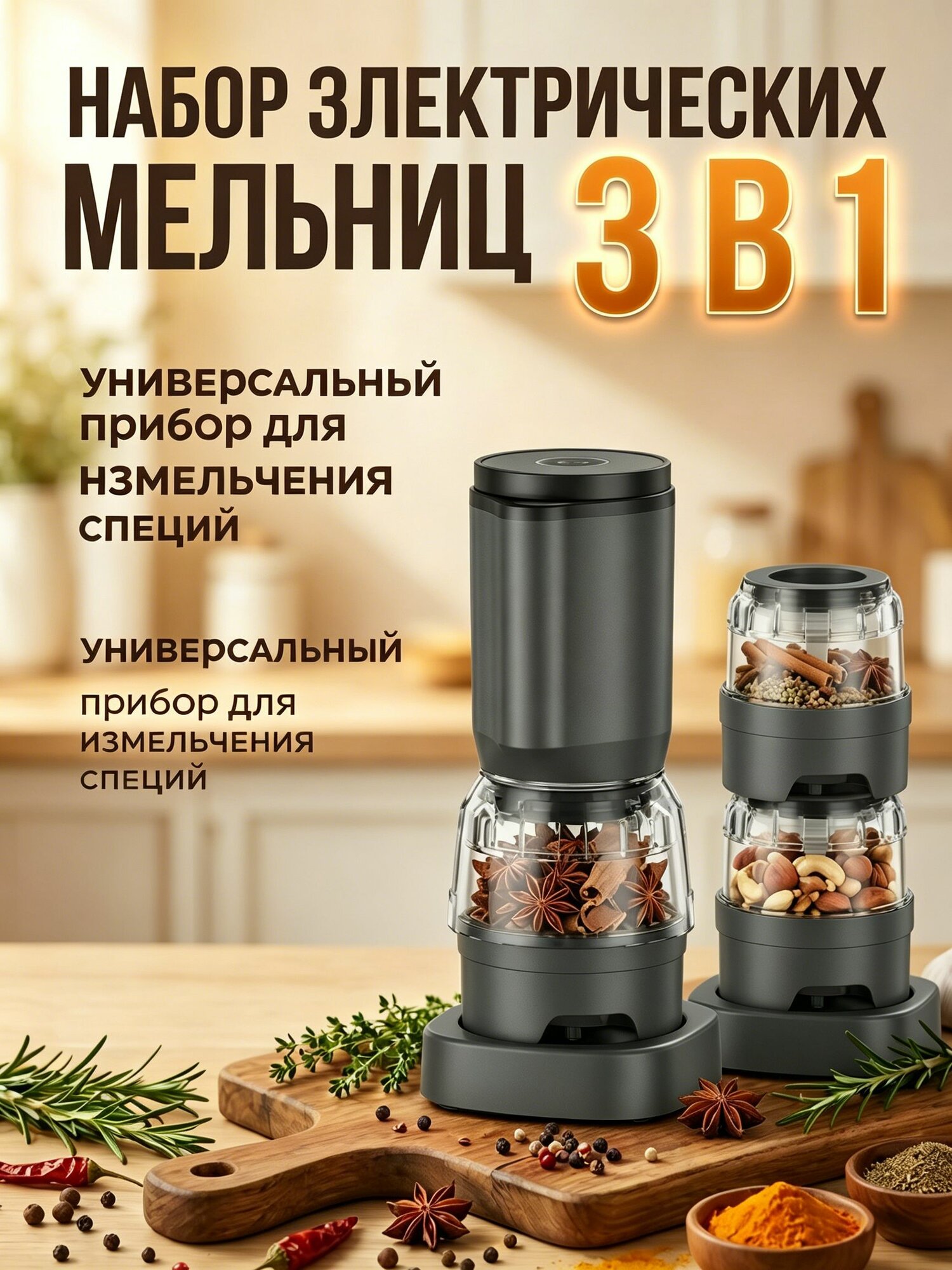 Мельница для специй электрическая 3-в-1, 75 мл * 3, регулировка помола, Type-C для соли, перца и специй